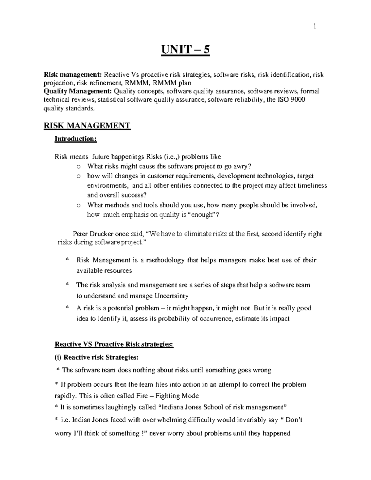 SE UNIT 5 - vdgdfgdgdfgdf - 1 UNIT – 5 Risk management: Reactive Vs ...