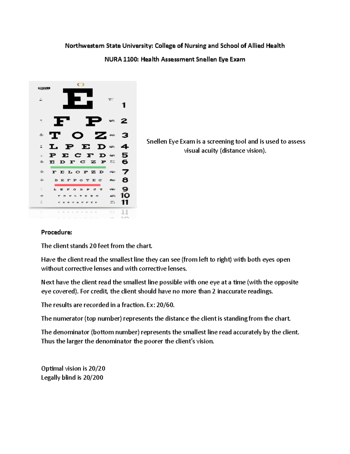 Snellen Eye Exam - Eye exam chart - Northwestern State University ...