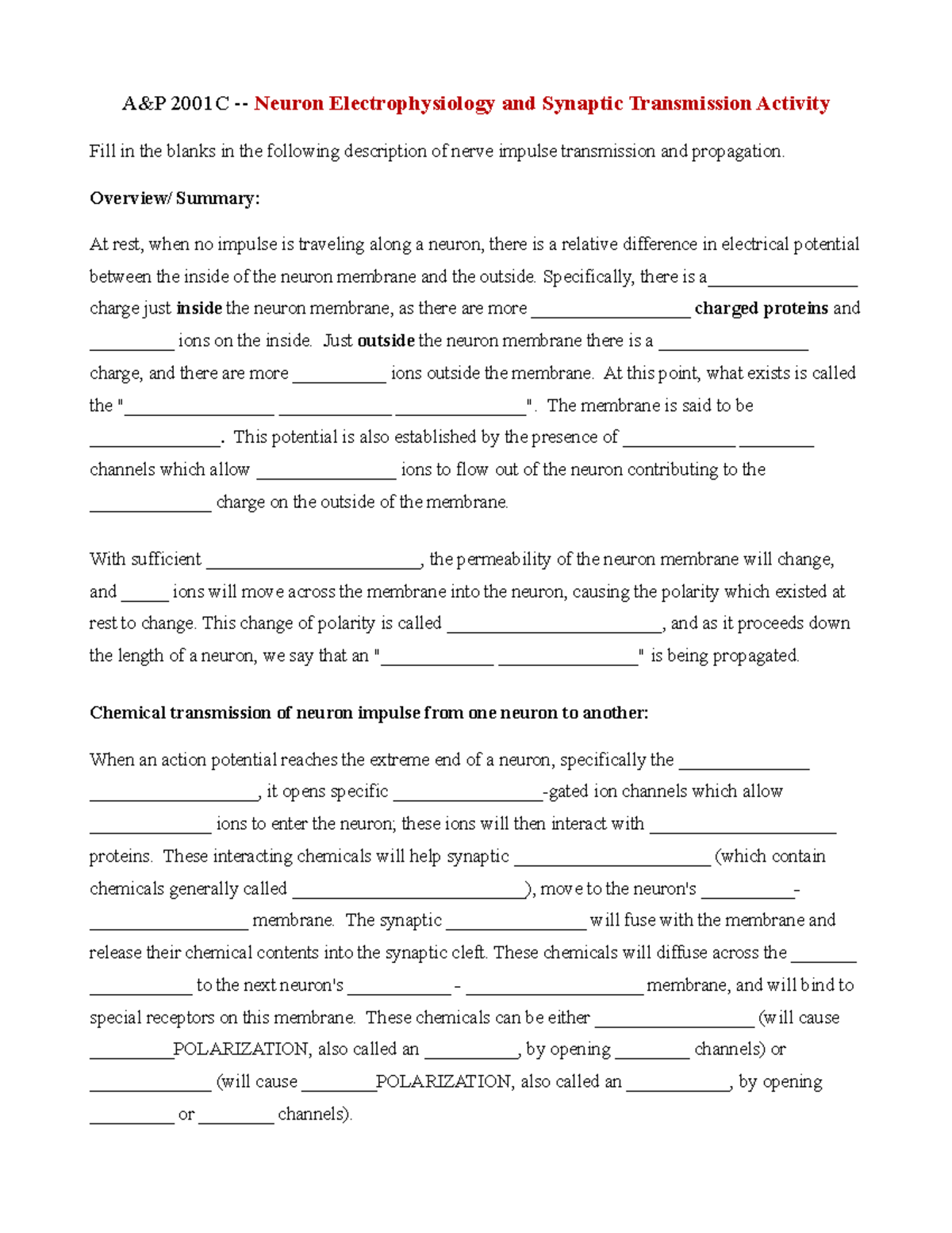 Neuron Electrophysiolgy and Synapse Activity - A&P 2001C - Neuron ...