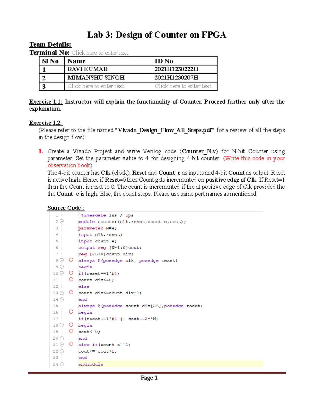 LAB 3 - LAB QUESTION - Lab 3: Design of Counter on FPGA Team Details ...