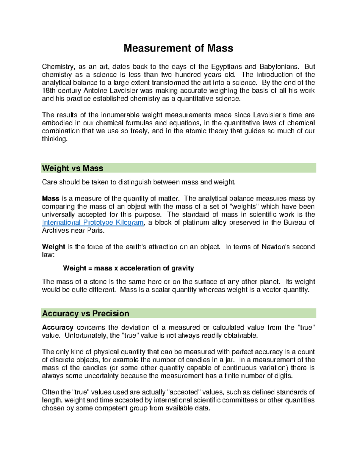 Measurement of mass - notes - Measurement of Mass Chemistry, as an art ...