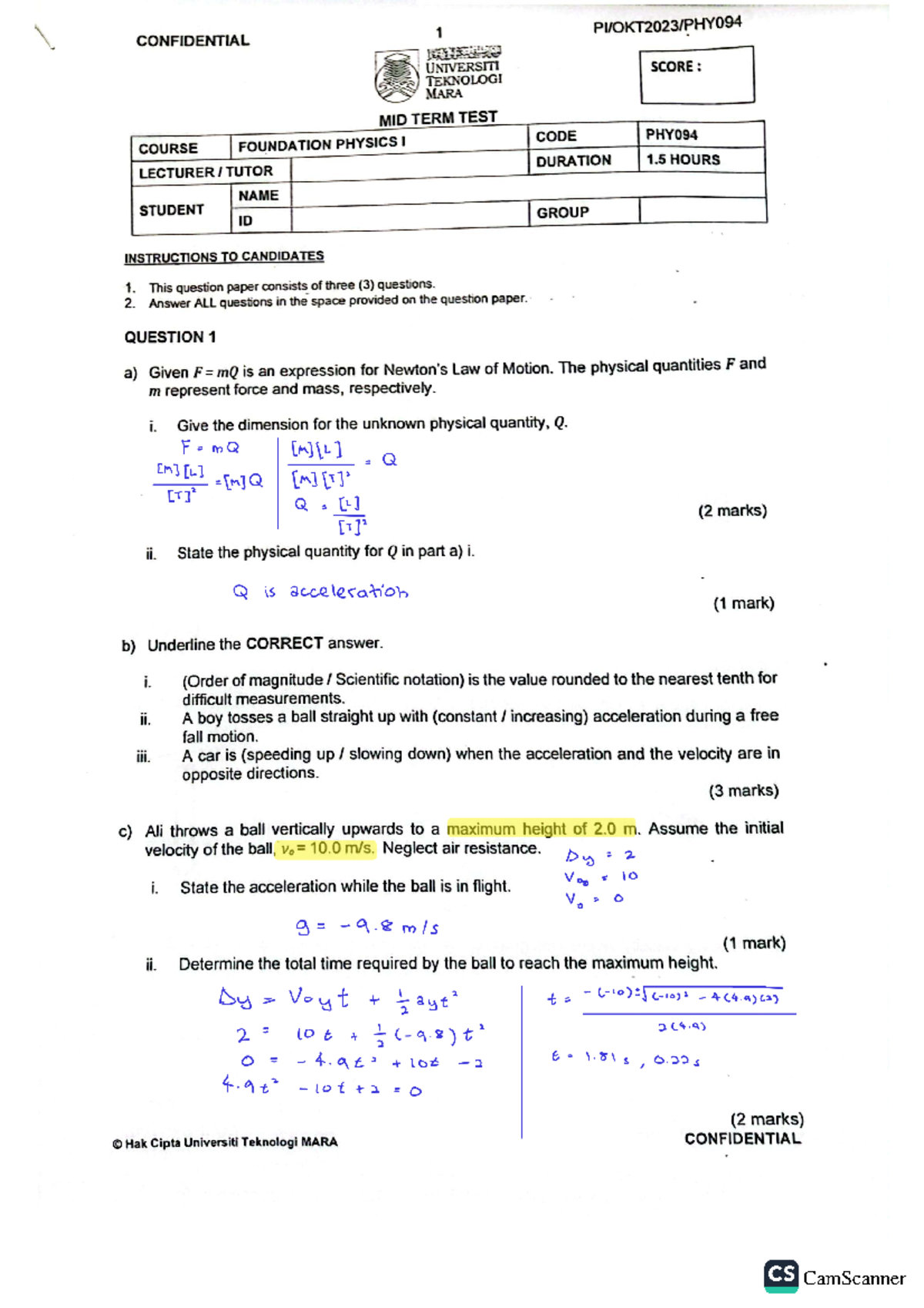 Mid Sem 1 Physics 2023 ️Full Equation - 1 CONFIDENTIAL UNIVERSITI SCORE : TEKNOLOGI MARA MID ...