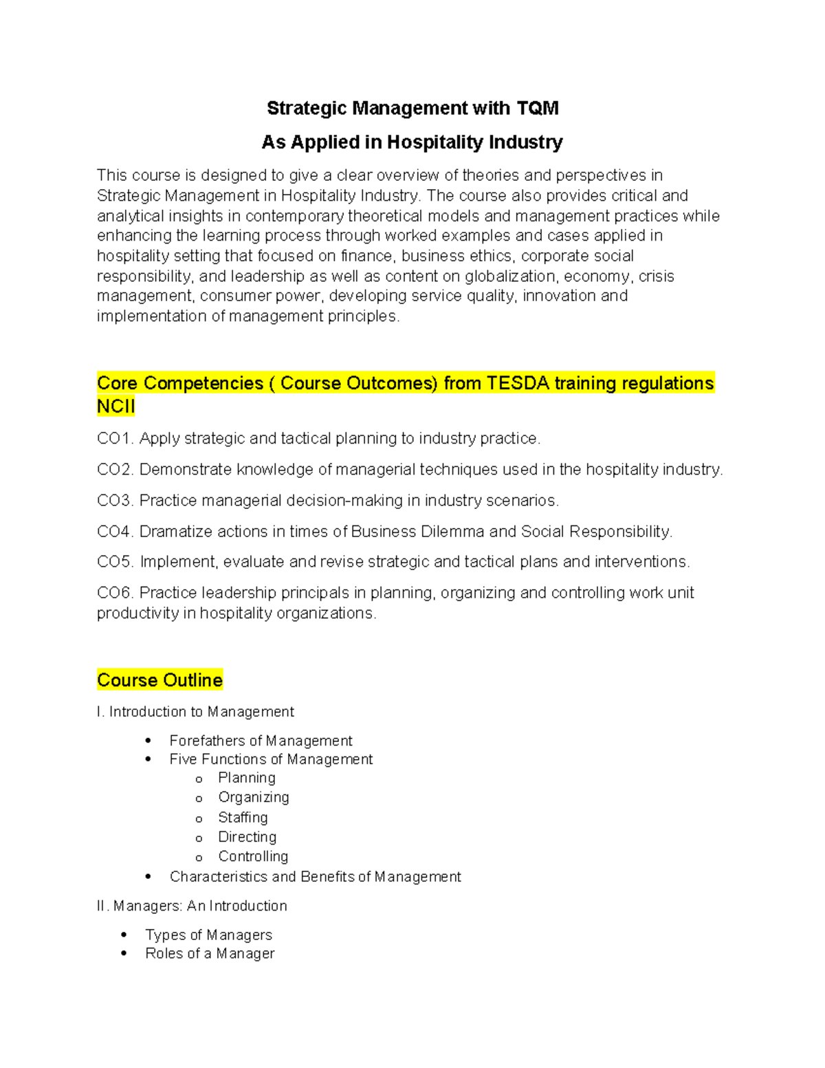 Course Outline in Stra Ma - Strategic Management with TQM As Applied in ...