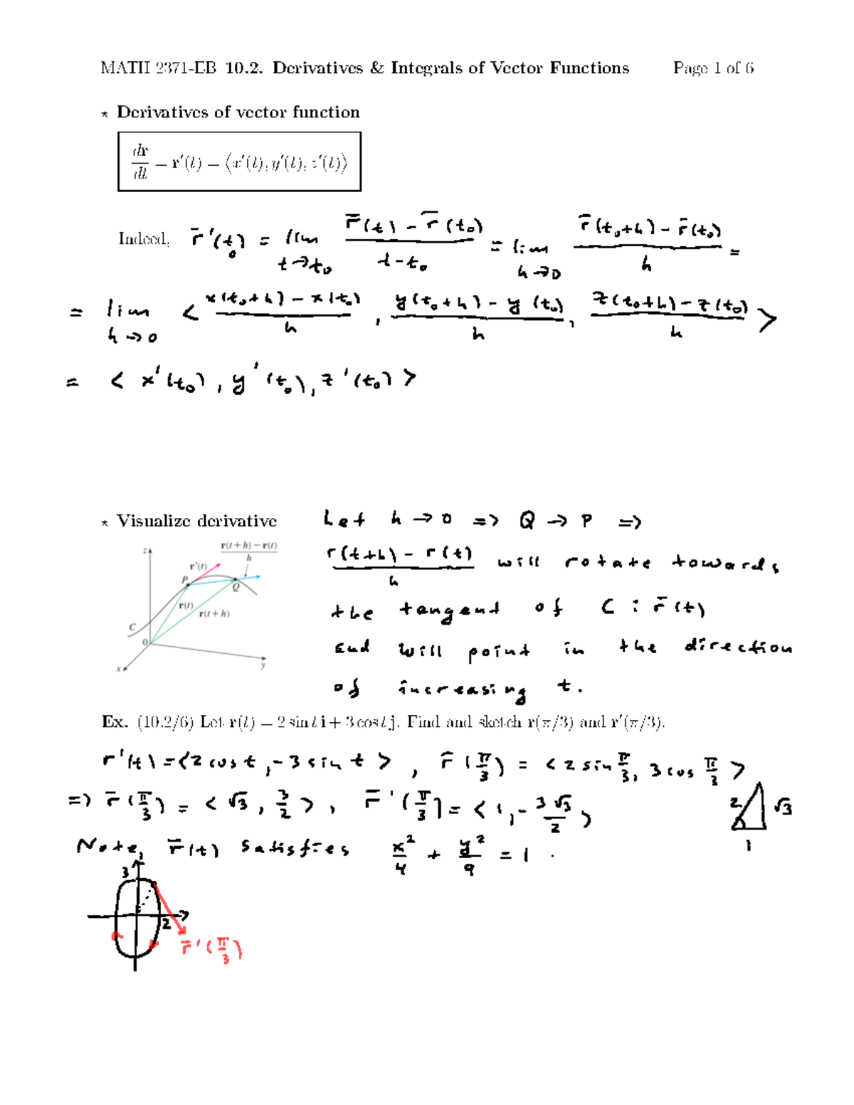 math 2321 multivar calc iii 10.2 annotated - MATH 10. Derivatives Integrals of Vector Functions ...