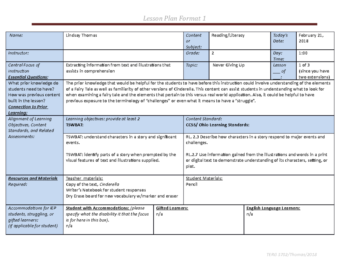 Guided Reading Plan - Lesson Plan Format 1 Name: Instructor: Central ...