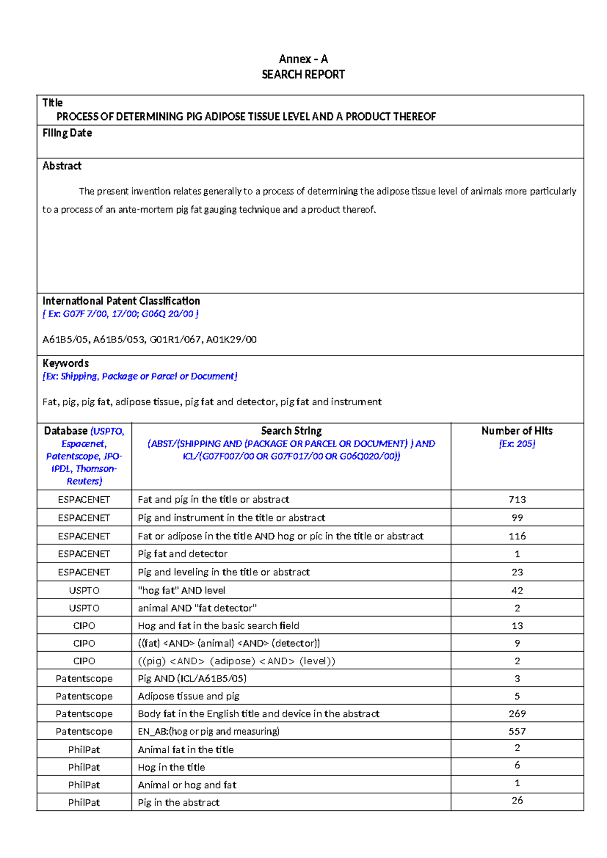 Search Report template - Annex - A SEARCH REPORT Title PROCESS OF ...