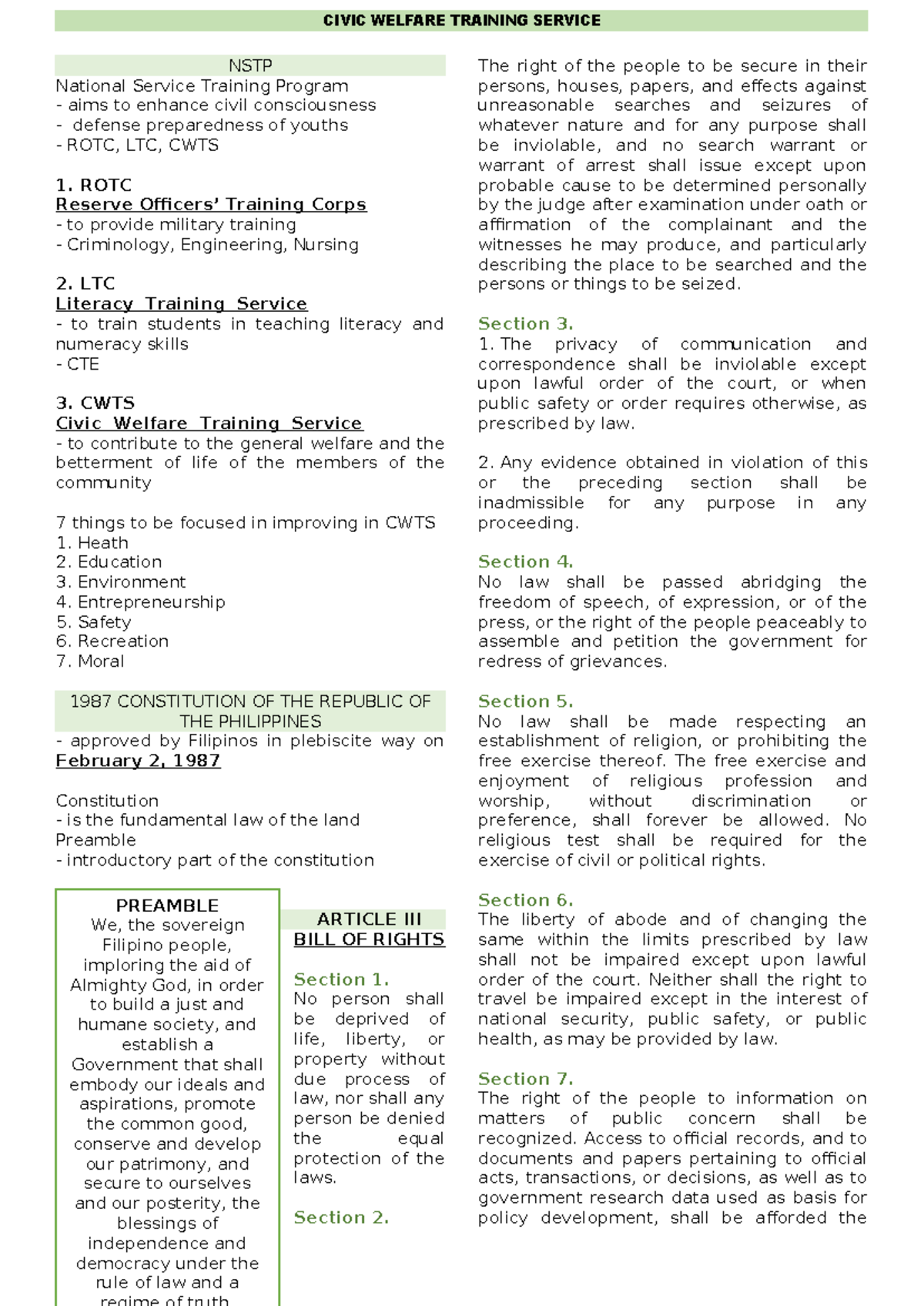 NSTP - 1987 constitution - CIVIC WELFARE TRAINING SERVICE NSTP National ...