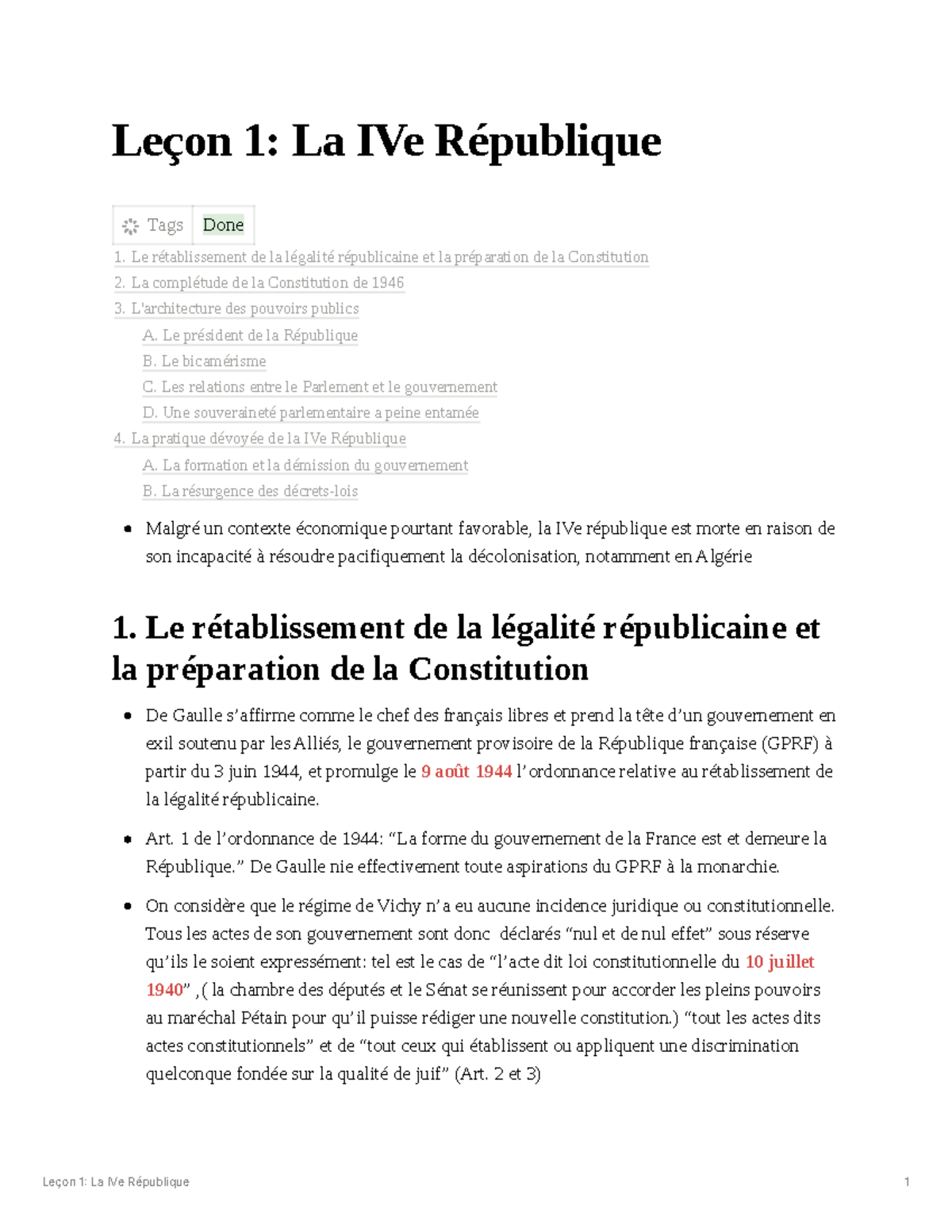 Leçon 1 - La Ve République - Leçon 1: La IVe République Tags Done ...