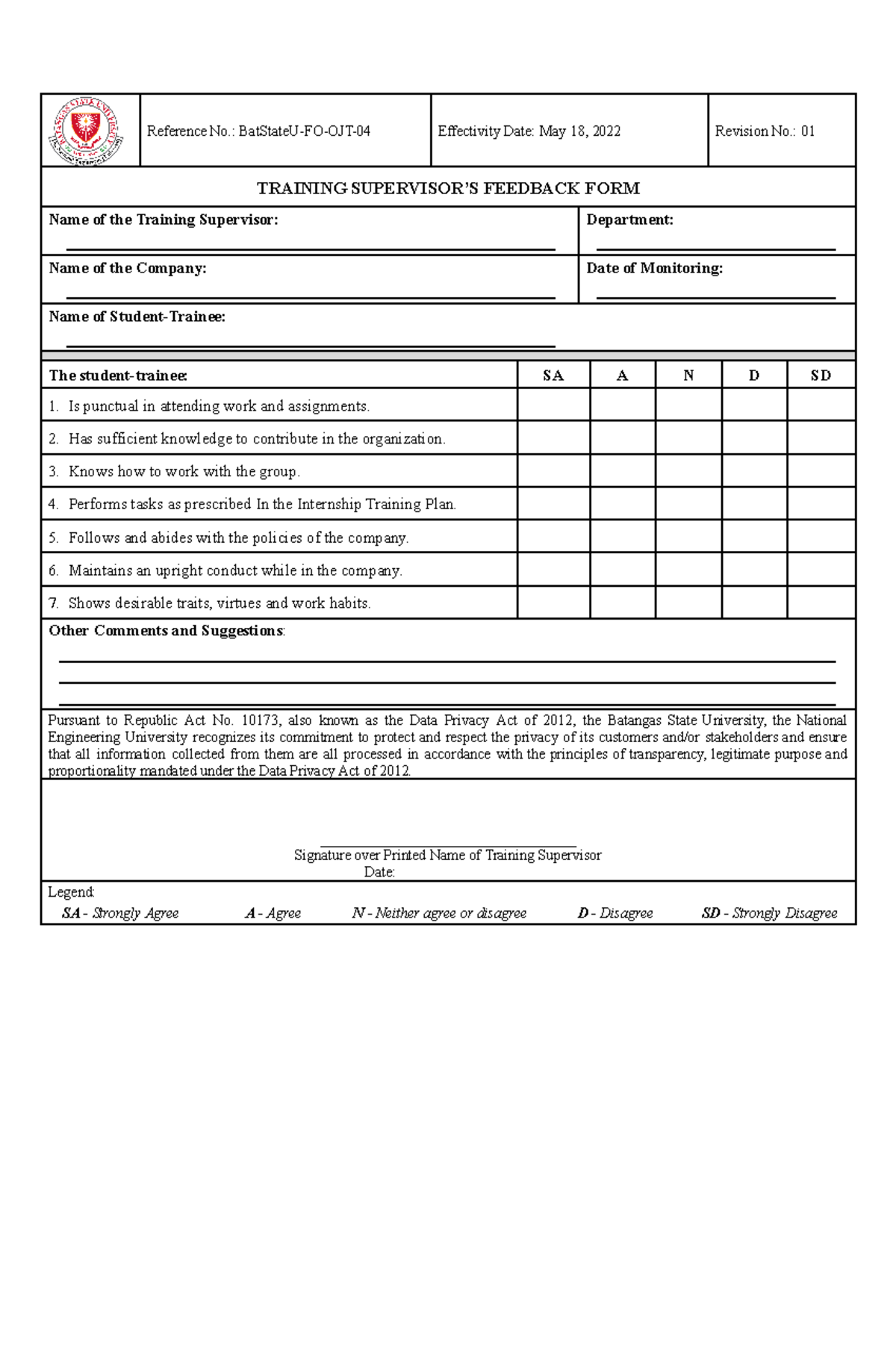 Training Supervisor's Feedback Form - Reference No.: BatStateU-FO-OJT ...