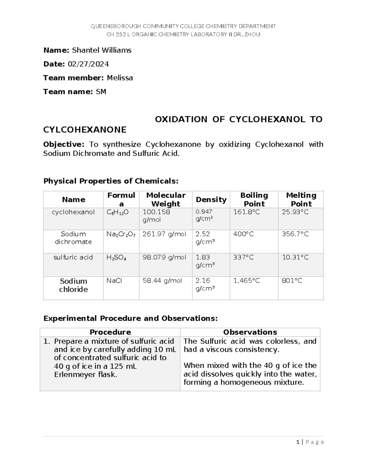 Oxidation OF Cyclohexanol TO Cylcohexanone - CH 252 L ORGANIC CHEMISTRY LABORATORY II DR. ZHOU ...