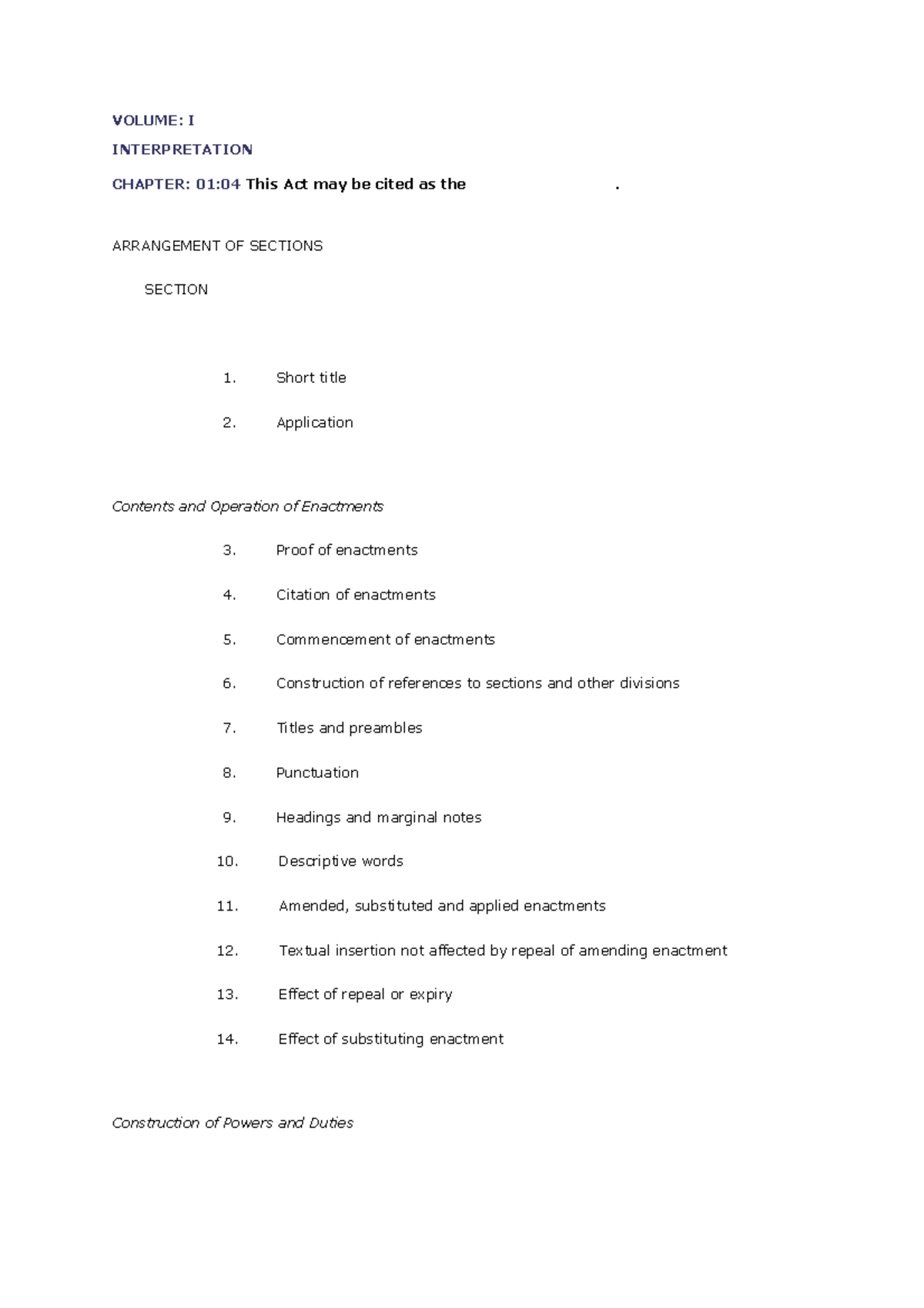 Interpretation act - Notes - VOLUME: I INTERPRETATION CHAPTER: 01:04 ...