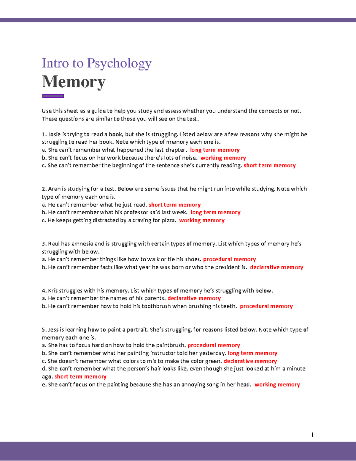 Boyd Practice Sheet 5 Answer Key - Memory - 1 Intro to Psychology Memory Use this sheet as a ...