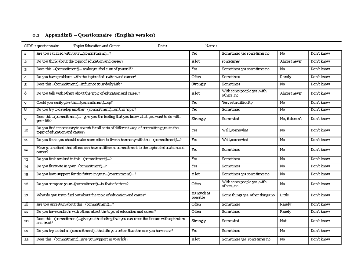 Appendix B Questionnaire - 0 Appendix B – Questionnaire (English ...