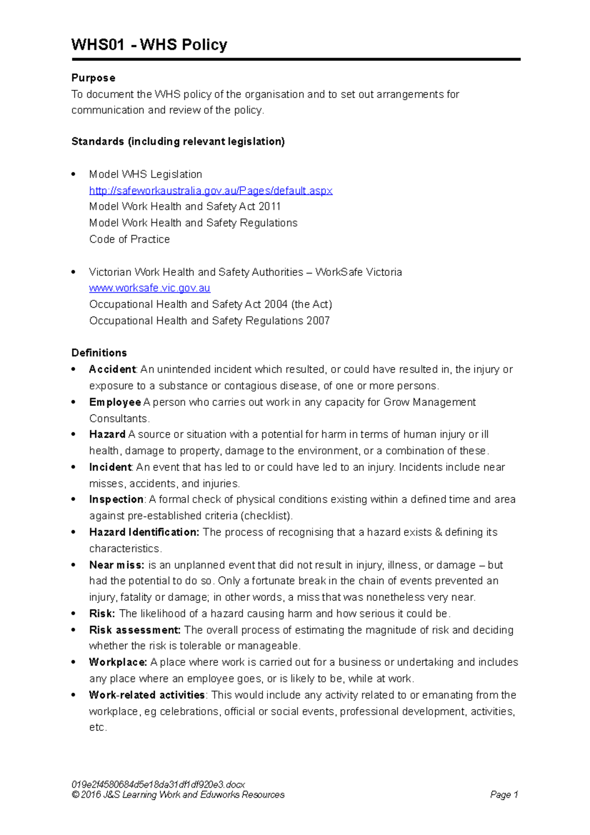 Bsbwhs 501 - Grow Cons WHS Policy - WHS01 - WHS Policy Purpose To ...