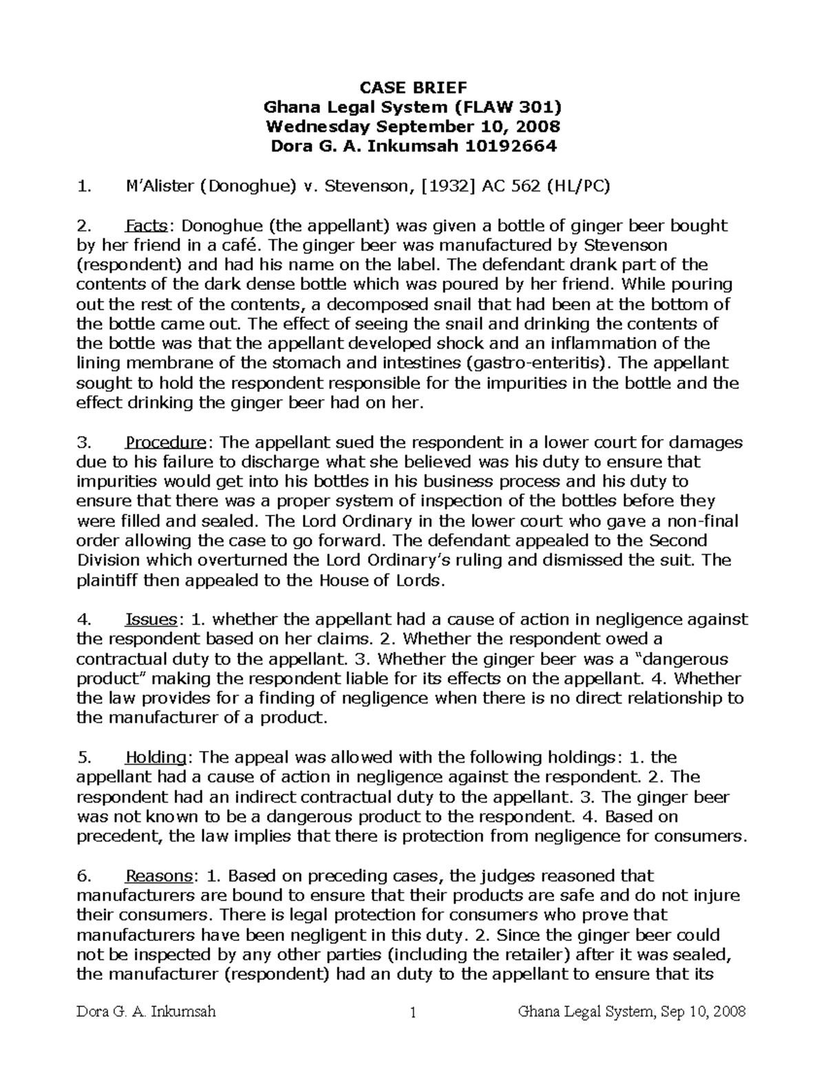 CB Donoghue v Stevenson - CASE BRIEF Ghana Legal System (FLAW 301 ...