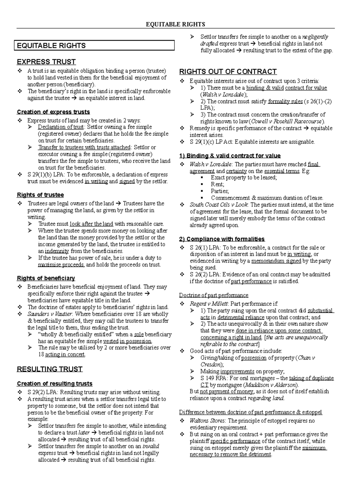 Property Law 4 - notes - EQUITABLE RIGHTS EQUITABLE RIGHTS Settlor ...