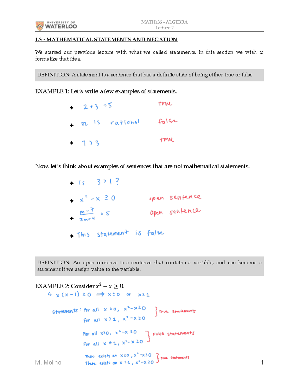 Lecture 2 - MATH135 - Notes - Lecture 2 1 - MATHEMATICAL STATEMENTS AND ...