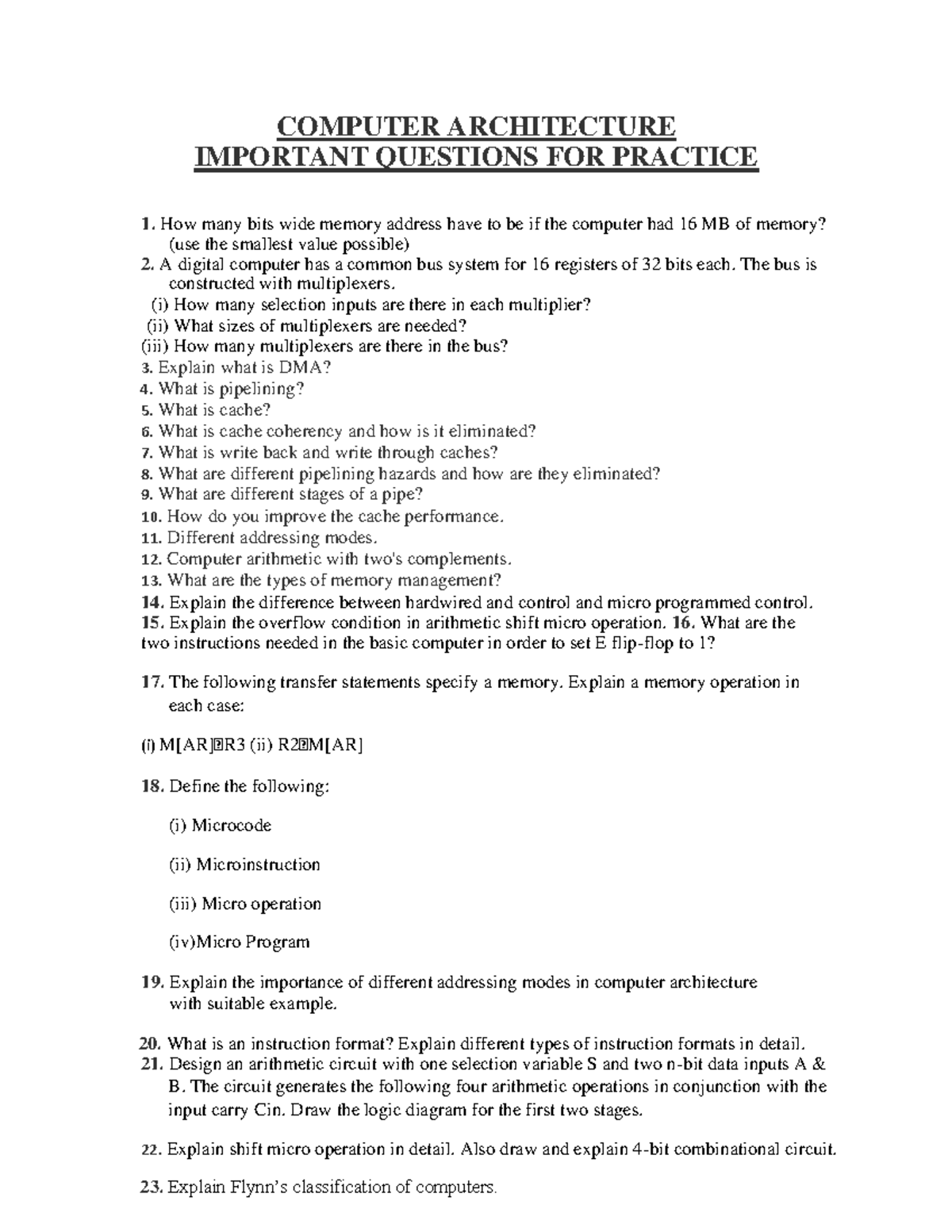 CAO Question set-1 - cao - COMPUTER ARCHITECTURE IMPORTANT QUESTIONS FOR PRACTICE How many bits ...