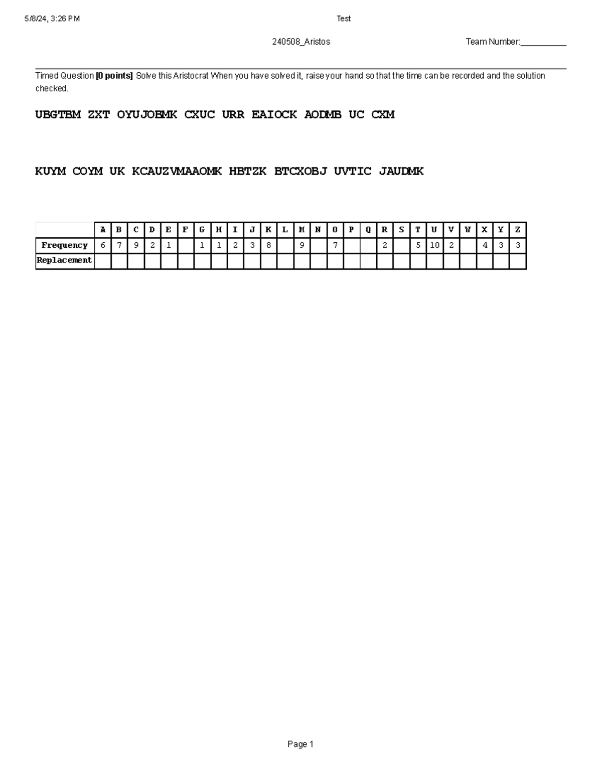 240508 Aristos - Aristocrat practice - Timed Question [0 points] Solve ...