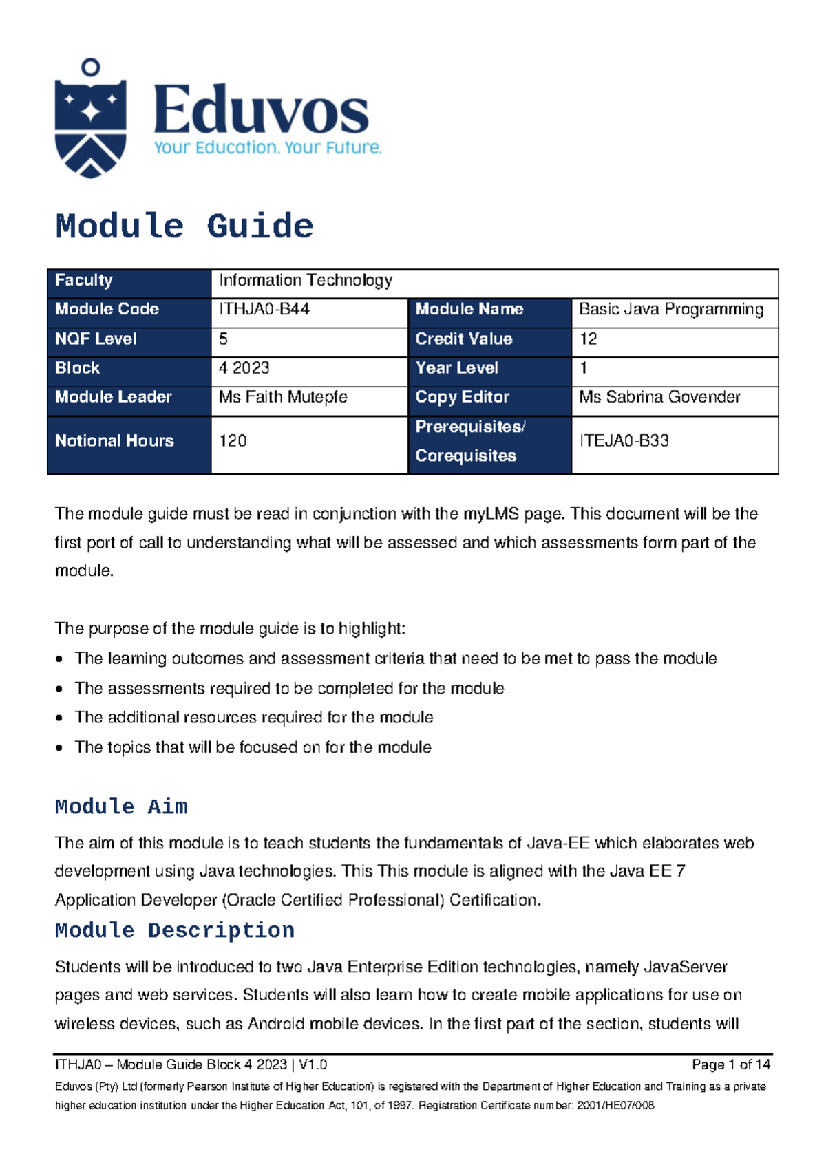 Ithja 0-B44 - Module Guide B4 2023 (V1 - ITHJA0 – Module Guide Block 4 2023 | V1 Page 1 of 14 ...