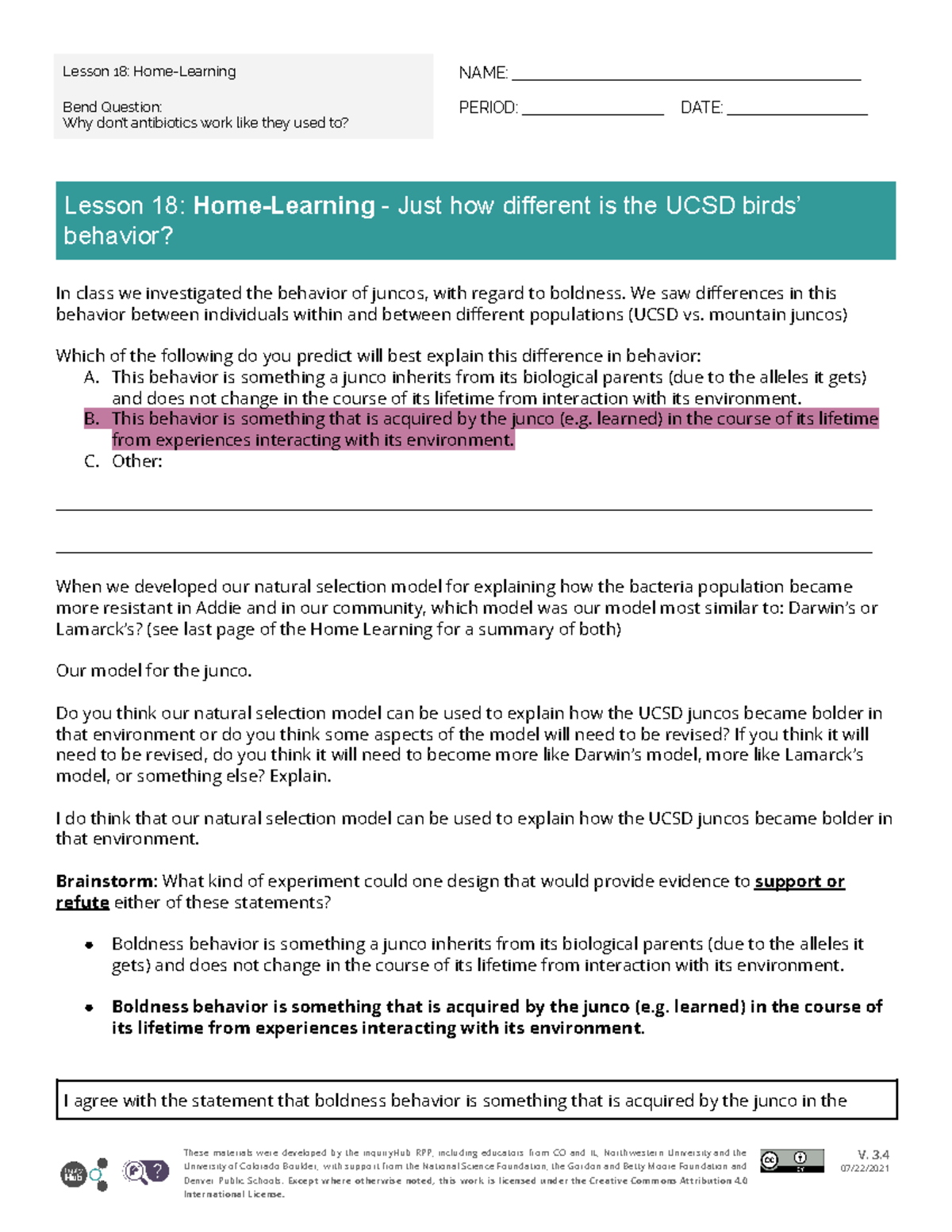 18.4 Student Home-Learning Lesson 18 Bend 2 Juncos Evolution - Lesson ...