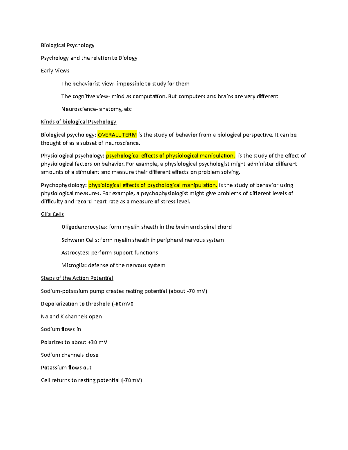 Psych Biological notes - Biological Psychology Psychology and the ...