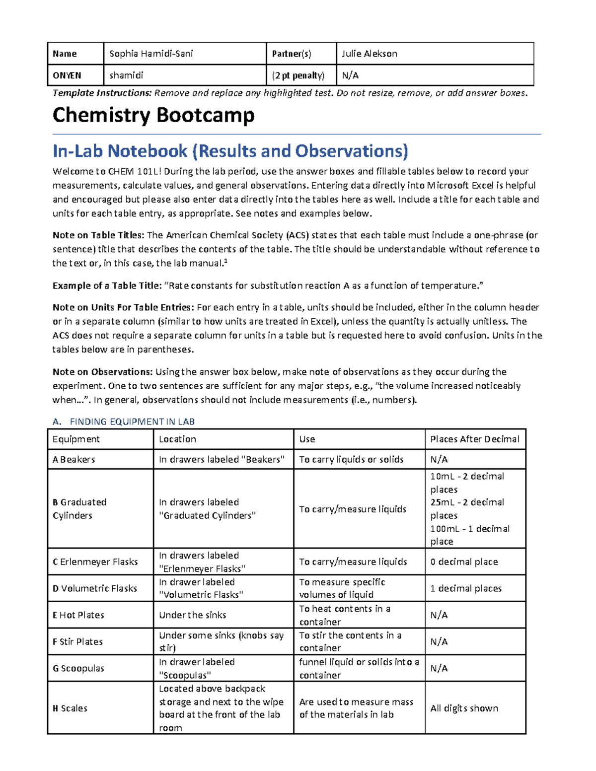 In-Lab Chemistry Bootcamp - Name Sophia Hamidi-Sani Partner(s) Julie ...