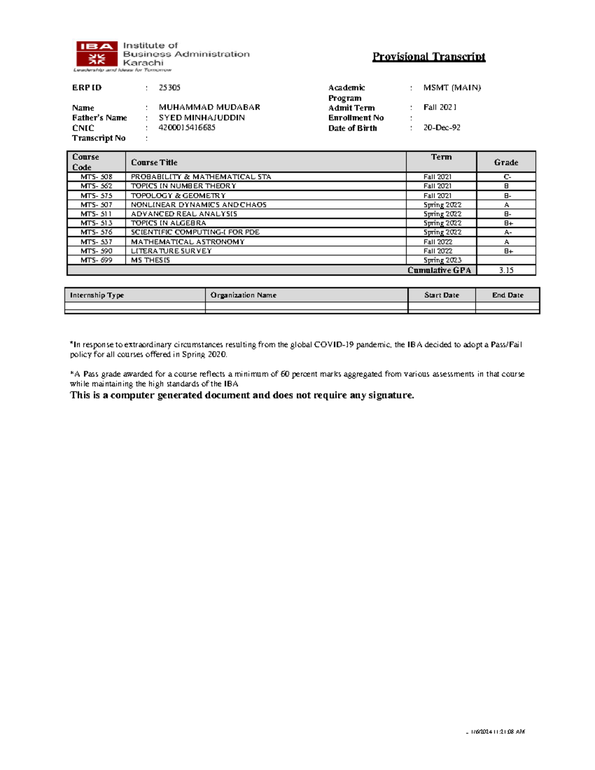 STD UNOF TRN - 25305 1/6/2024 11:21:08 AM Provisional Transcript ERP ID ...