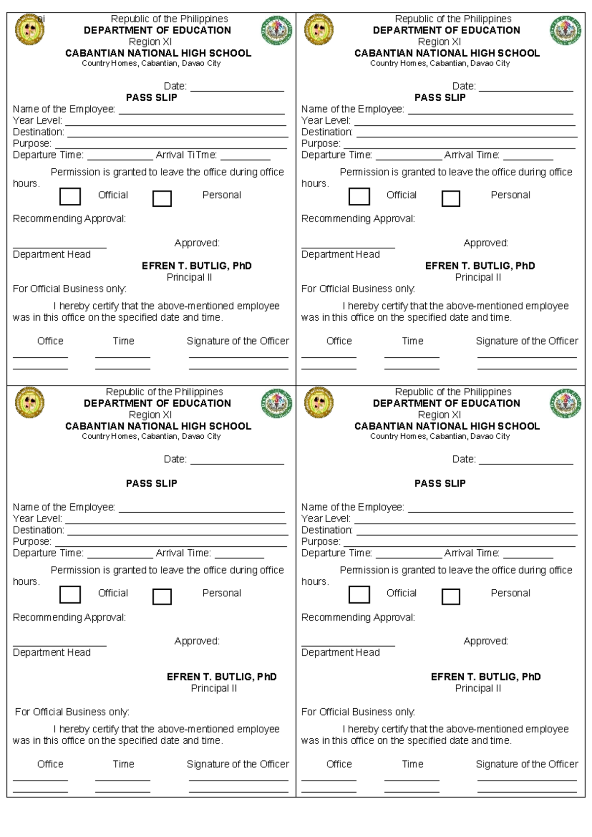 PASS SLIP-A4 - Notes - oi Republic of the Philippines DEPARTMENT OF ...