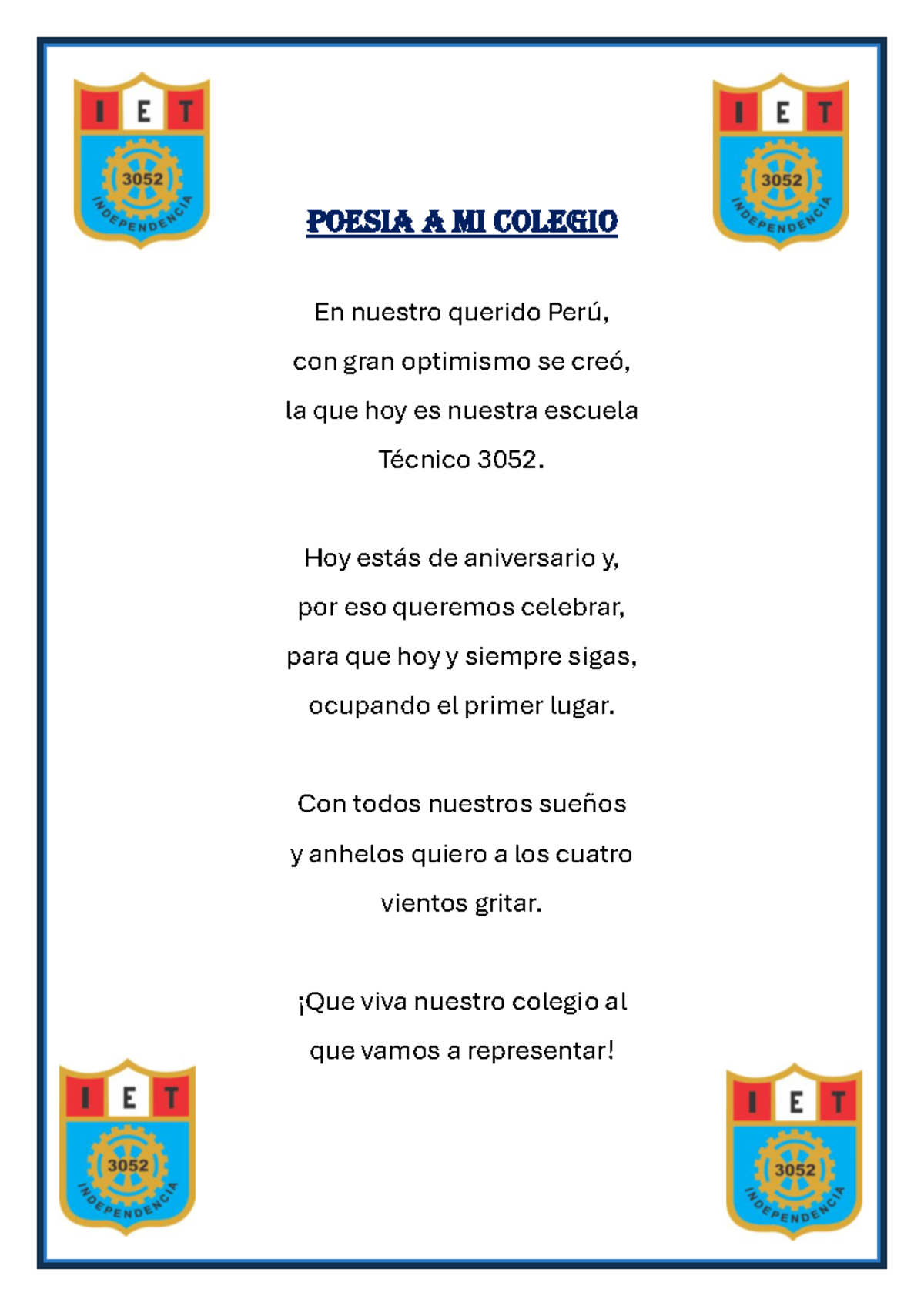 Poesia A MI Colegio - comprension de textos - POESIA A MI COLEGIO En nuestro querido Perú, con ...