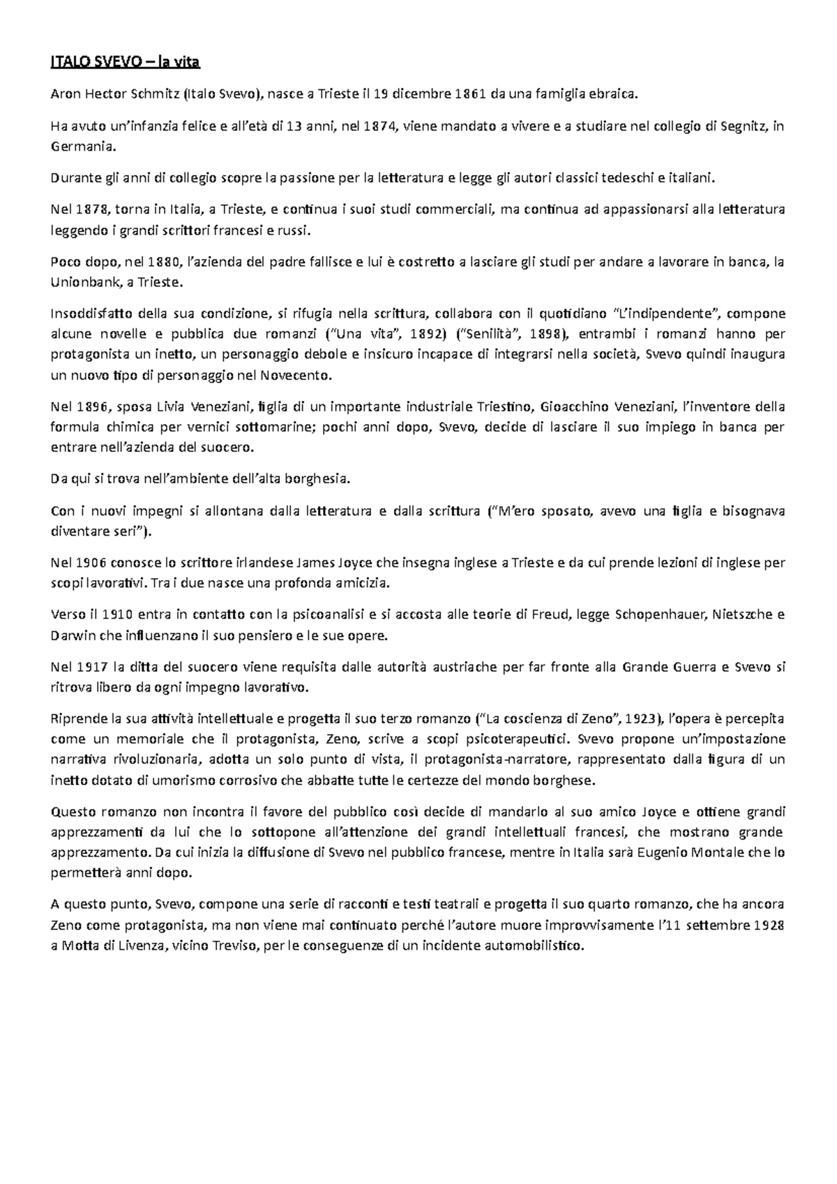 Italo Svevo - inetto studia - ITALO SVEVO – la vita Aron Hector Schmitz (Italo Svevo), nasce a ...