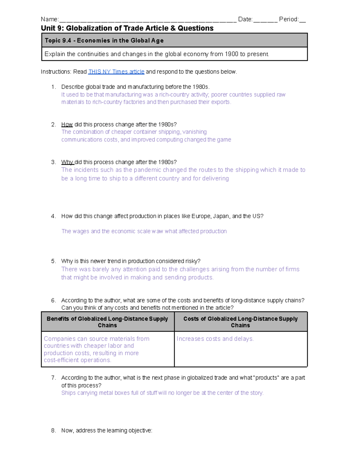 Copy of Unit 9 Globalization and Container Ships Article & Qs - - Studocu