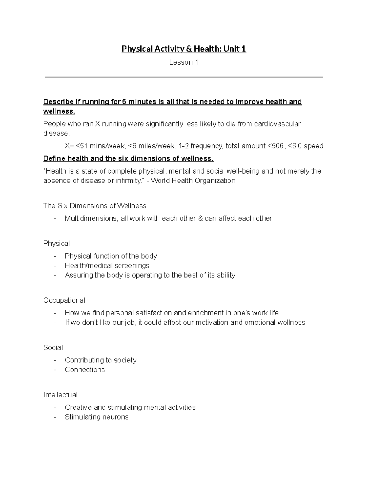 Physical Activity & Health Unit 1 Exam SG - Physical Activity & Health ...