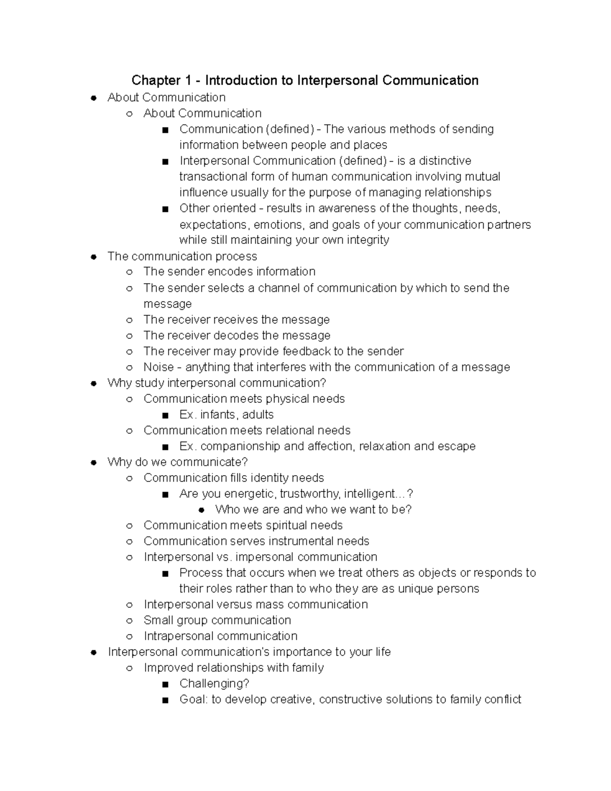 Chapter 1 - Intro to Interpersonal Communication Lecture Notes ...