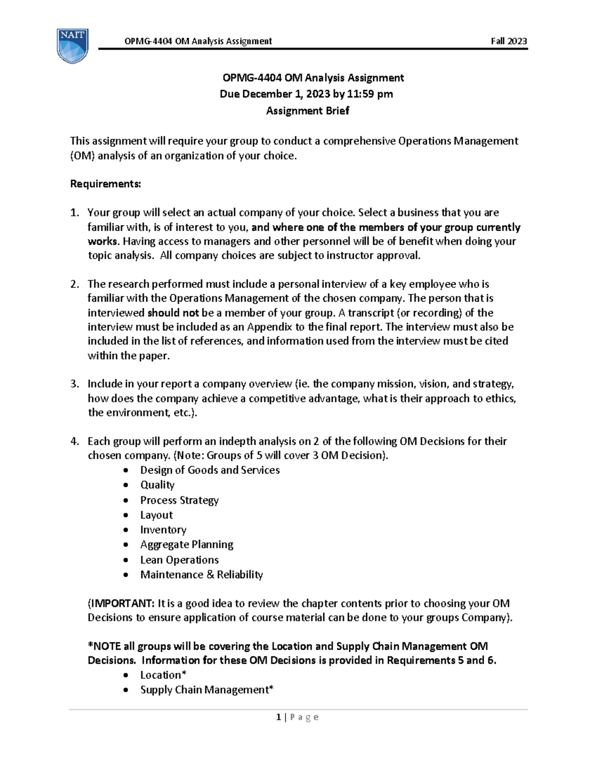 OPMG4404 OM Analysis Assignment Fall 2023 - OPMG-4404 OM Analysis Assignment Due December 1 ...
