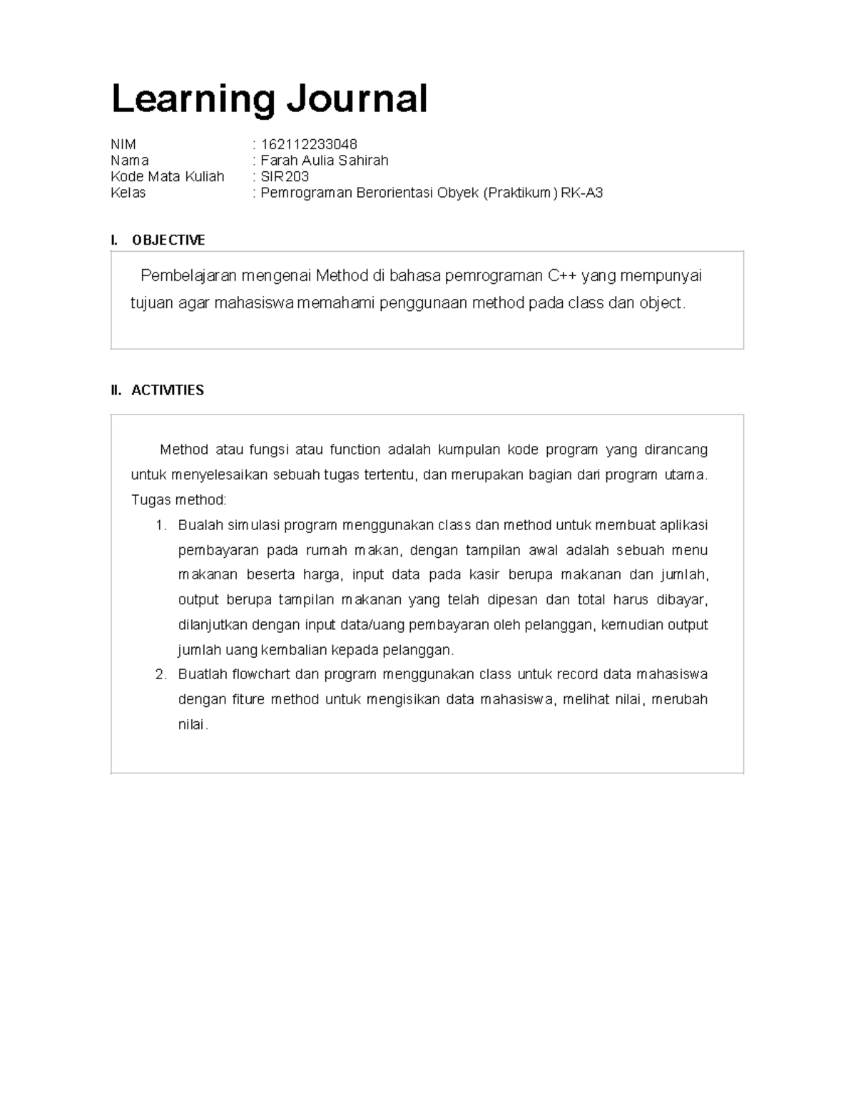 Method Study Case using C++ - Learning Journal NIM : 162112233048 Nama ...