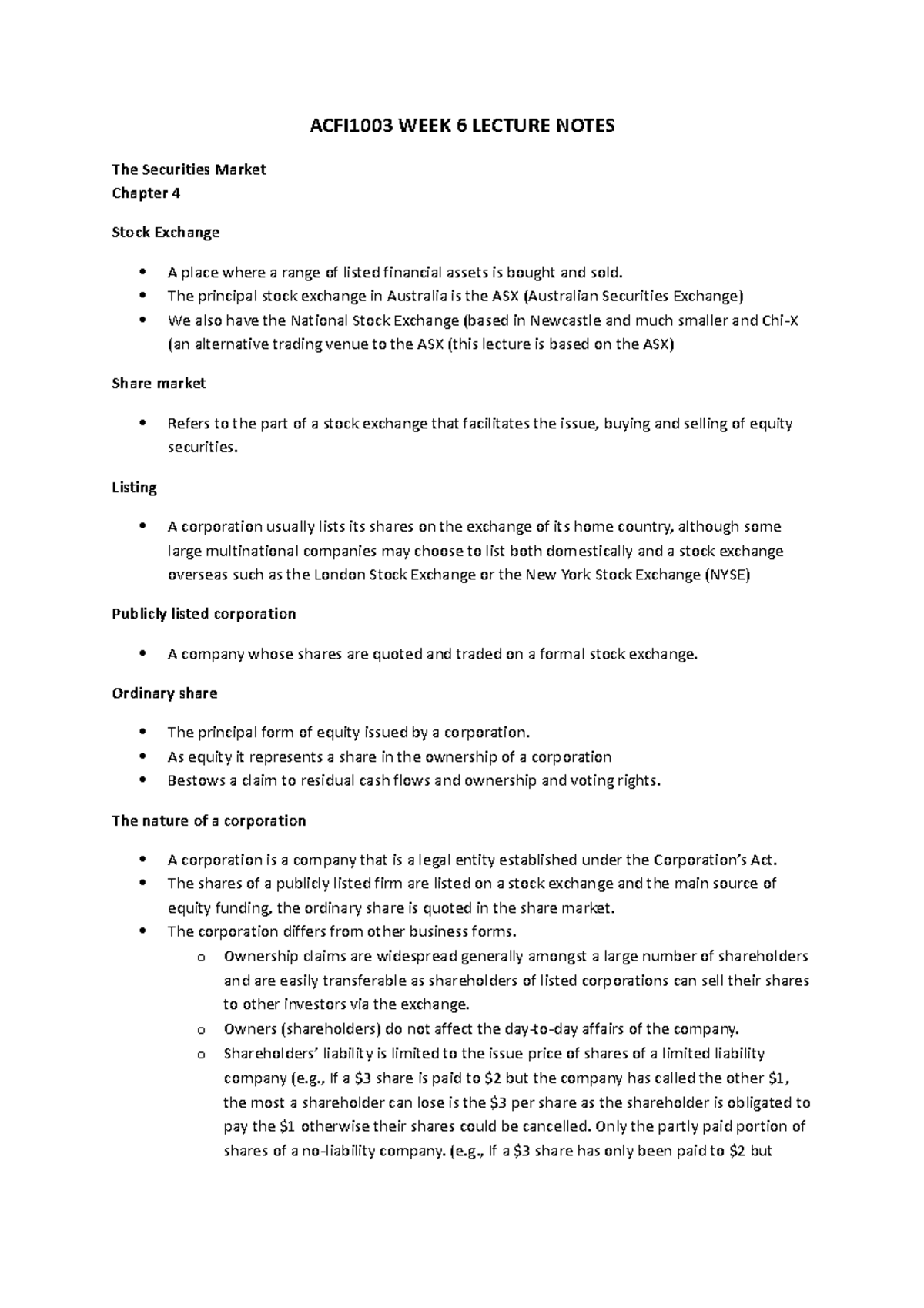 ACFI1003 WEEK 6 Lecture Notes - ACFI1003 WEEK 6 LECTURE NOTES The ...