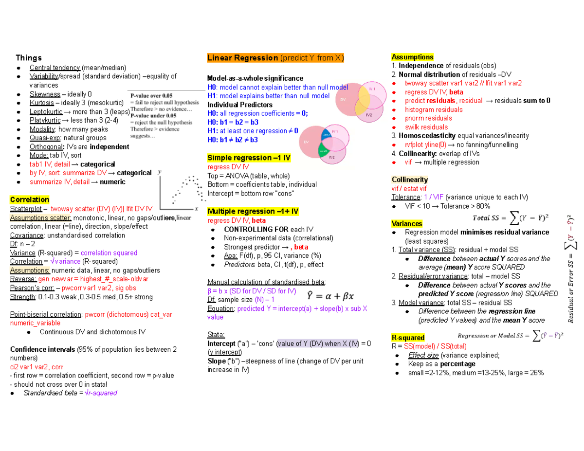 Stats Final EXAM Summary Sheet - Things Central tendency (mean/median ...
