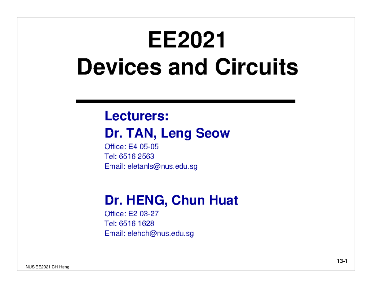 EE2021-Lecture 13-BJT - EE Devices and Circuits Lecturers:Dr. TAN, Leng ...