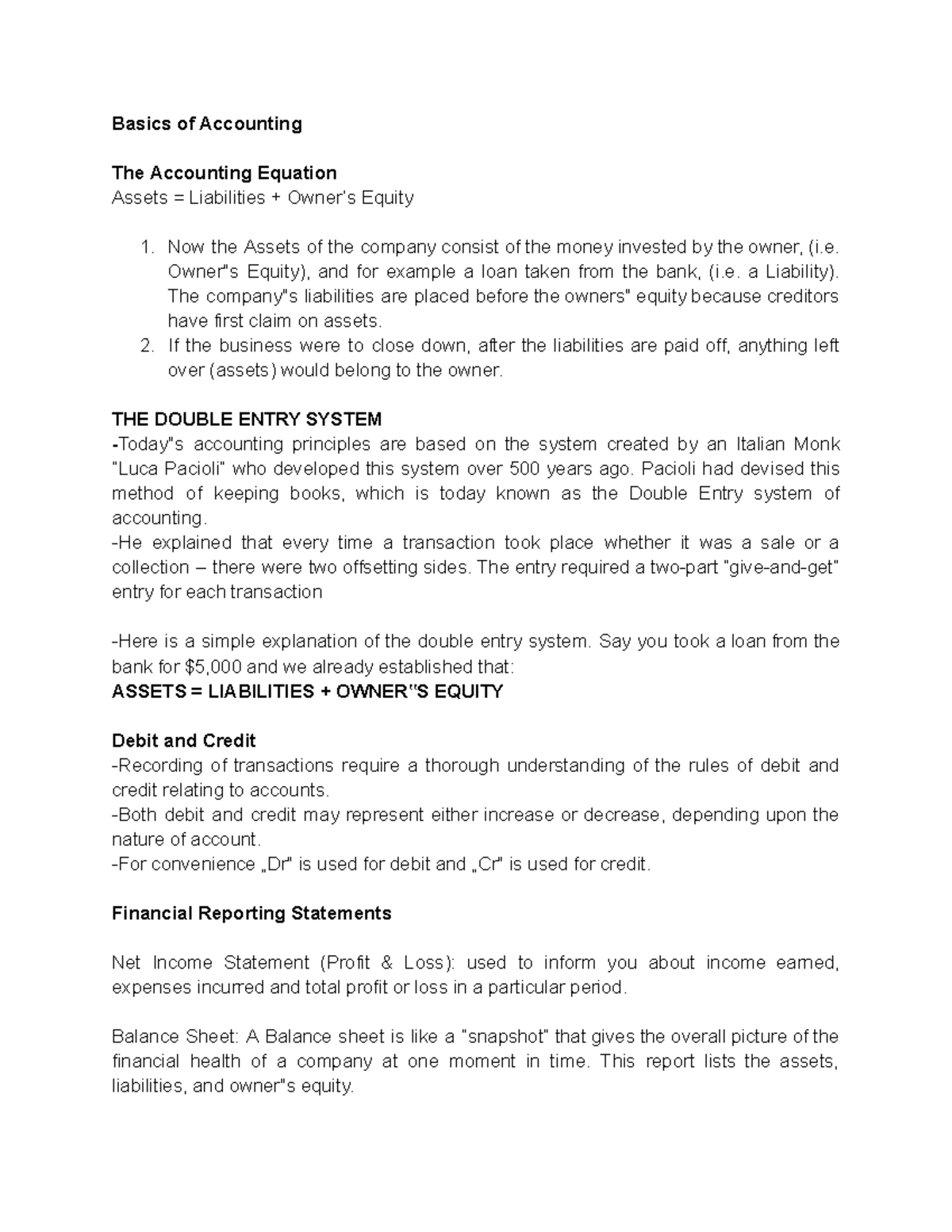 Basics of Accounting-Notes - Basics of Accounting The Accounting ...