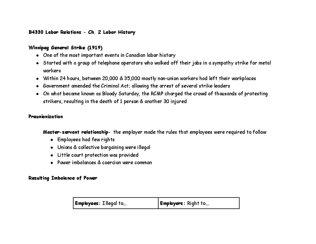 B4330 Labor Relations - Ch 2 - 2 Labor History Winnipeg General Strike ...
