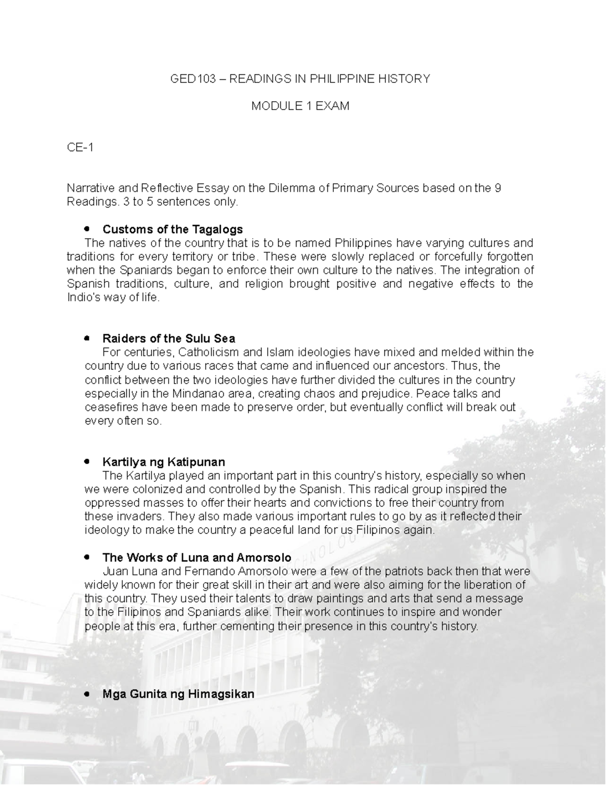 Module 1 Exam - Mod 1 exam - GED103 – READINGS IN PHILIPPINE HISTORY ...