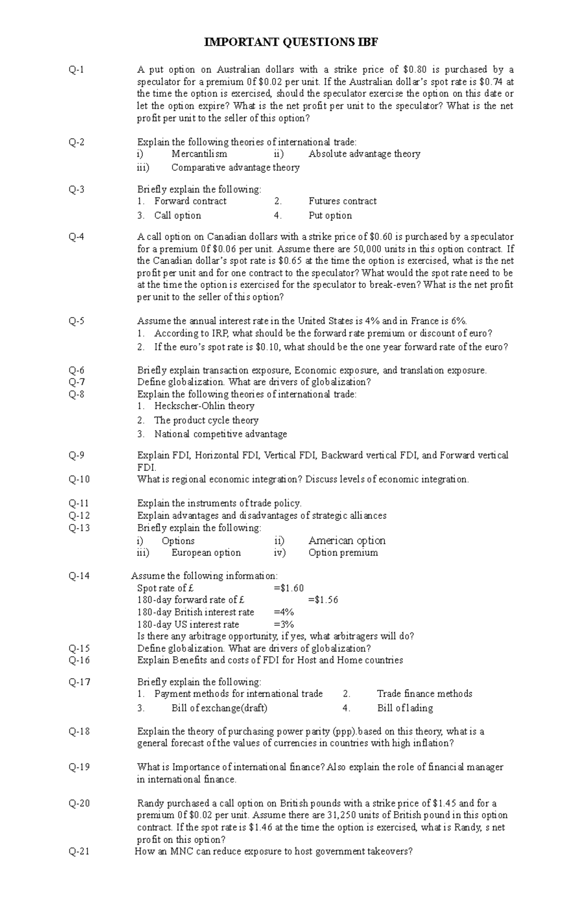 Importantquestions IBF - IMPORTANT QUESTIONS IBF Q-1 A put option on ...