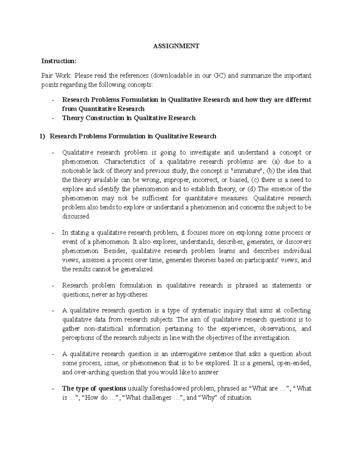 Summary - Qualitative Research - ASSIGNMENT Instruction: Pair Work ...