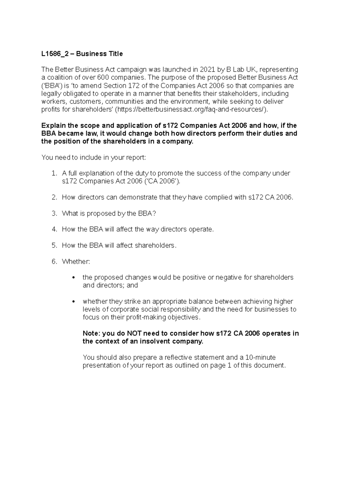 L1586 - Business law and practice PPRR university of law....s172 of ...