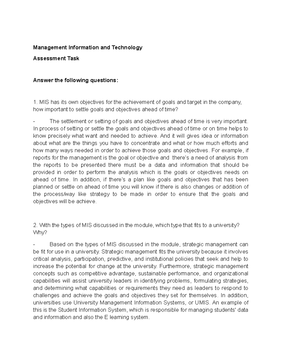 Answer for Management Information and Technology Assessment Tasks ...
