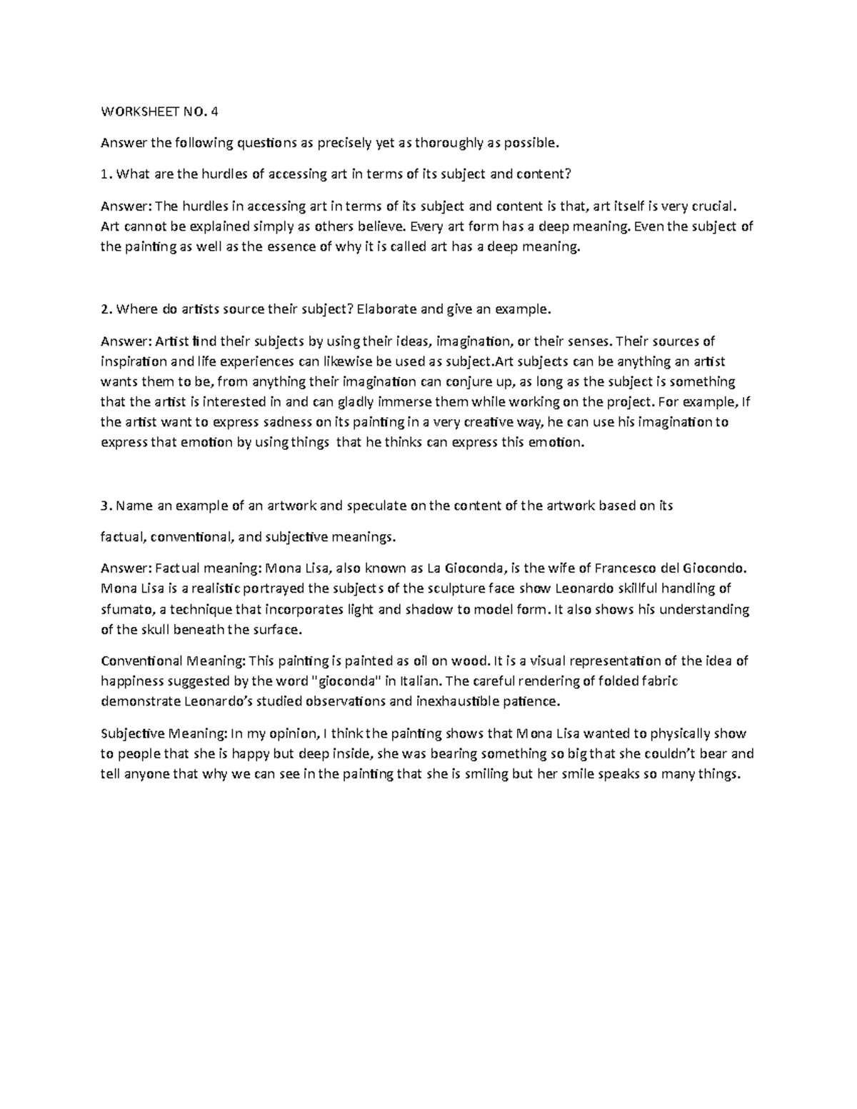 4 Activity 4 WORKSHEET NO 4 Answer The Following Questions As