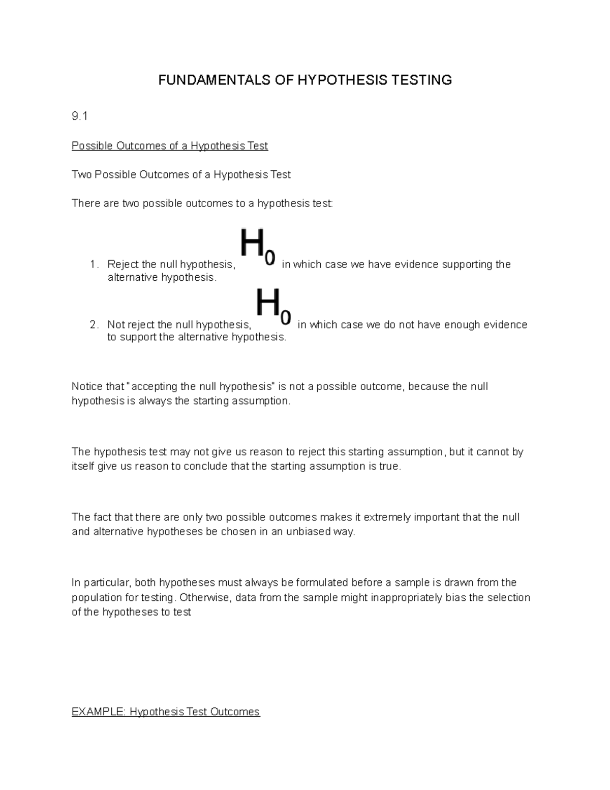 MTH 155 Chapter 9.1 Notes Fundamentals of Hypothesis Testing Part 2 ...