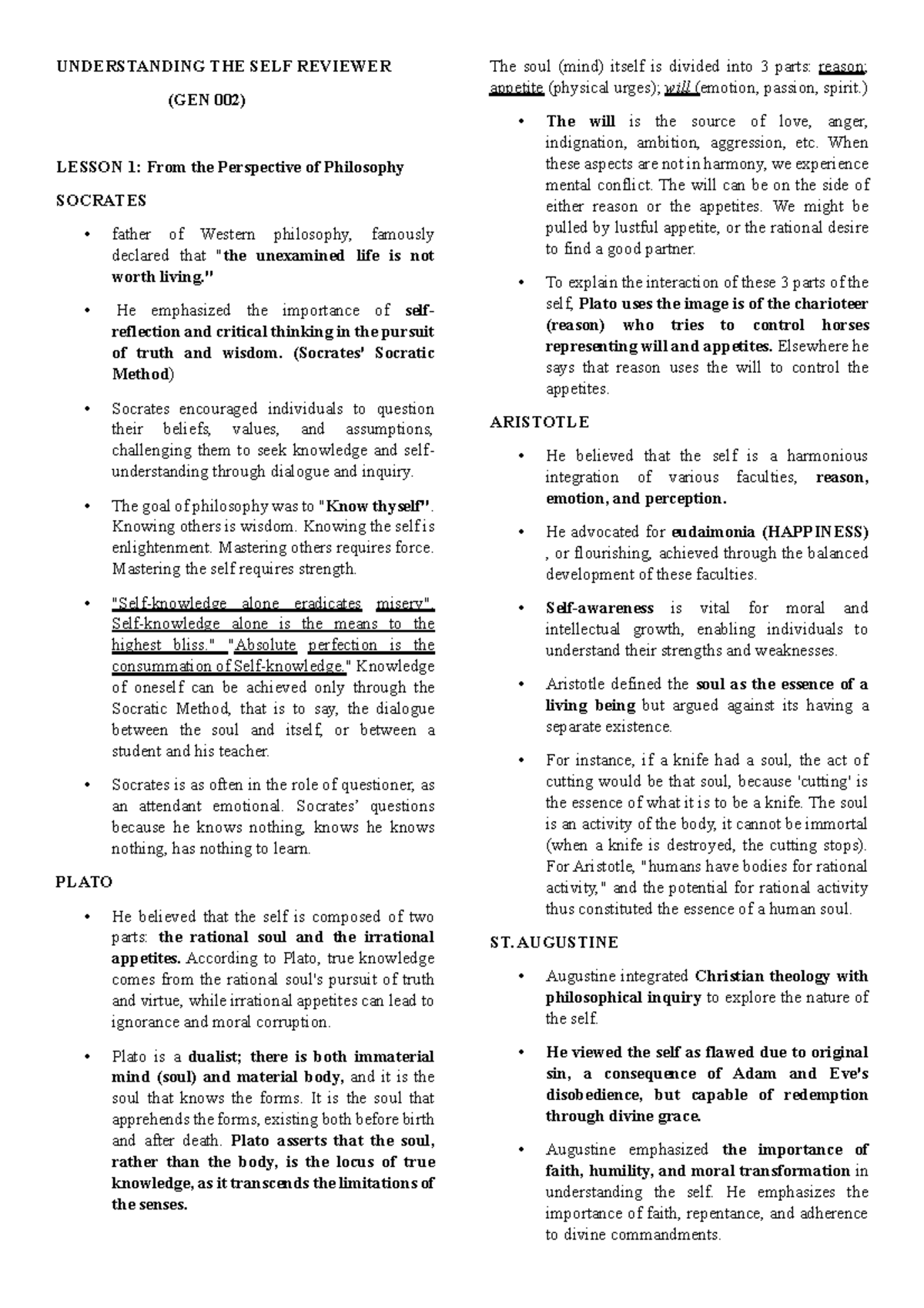 P1-EXAM- Reviewer - UNDERSTANDING THE SELF REVIEWER (GEN 002) LESSON 1: From the Perspective of ...