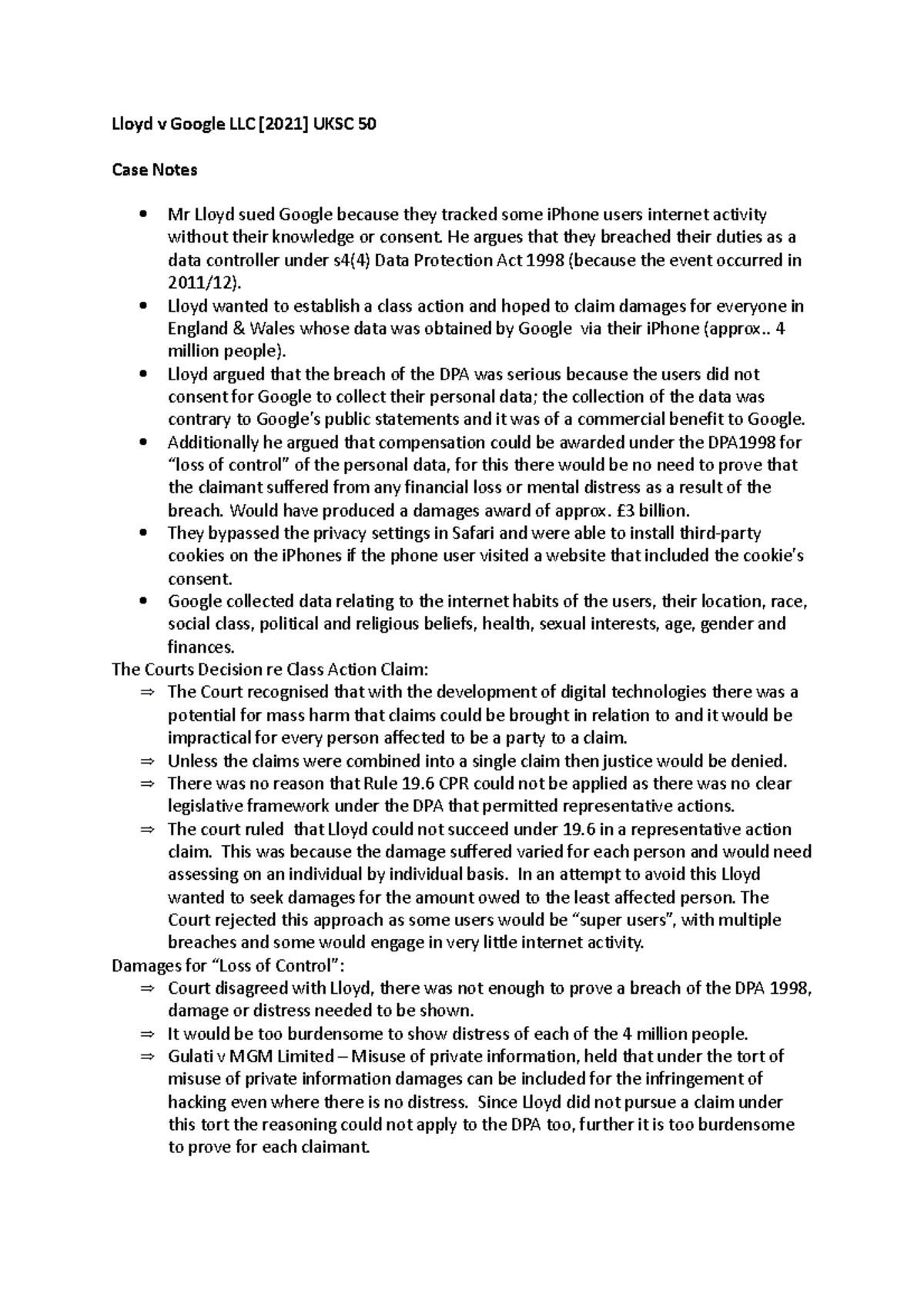 Lloyd v Google LLC CASE NOTE - Lloyd v Google LLC [2021] UKSC 50 Case ...